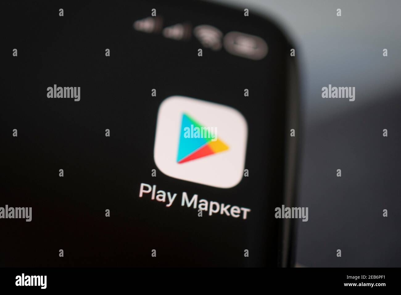 Icon of the play market, app on the screen of a black smartphone ...