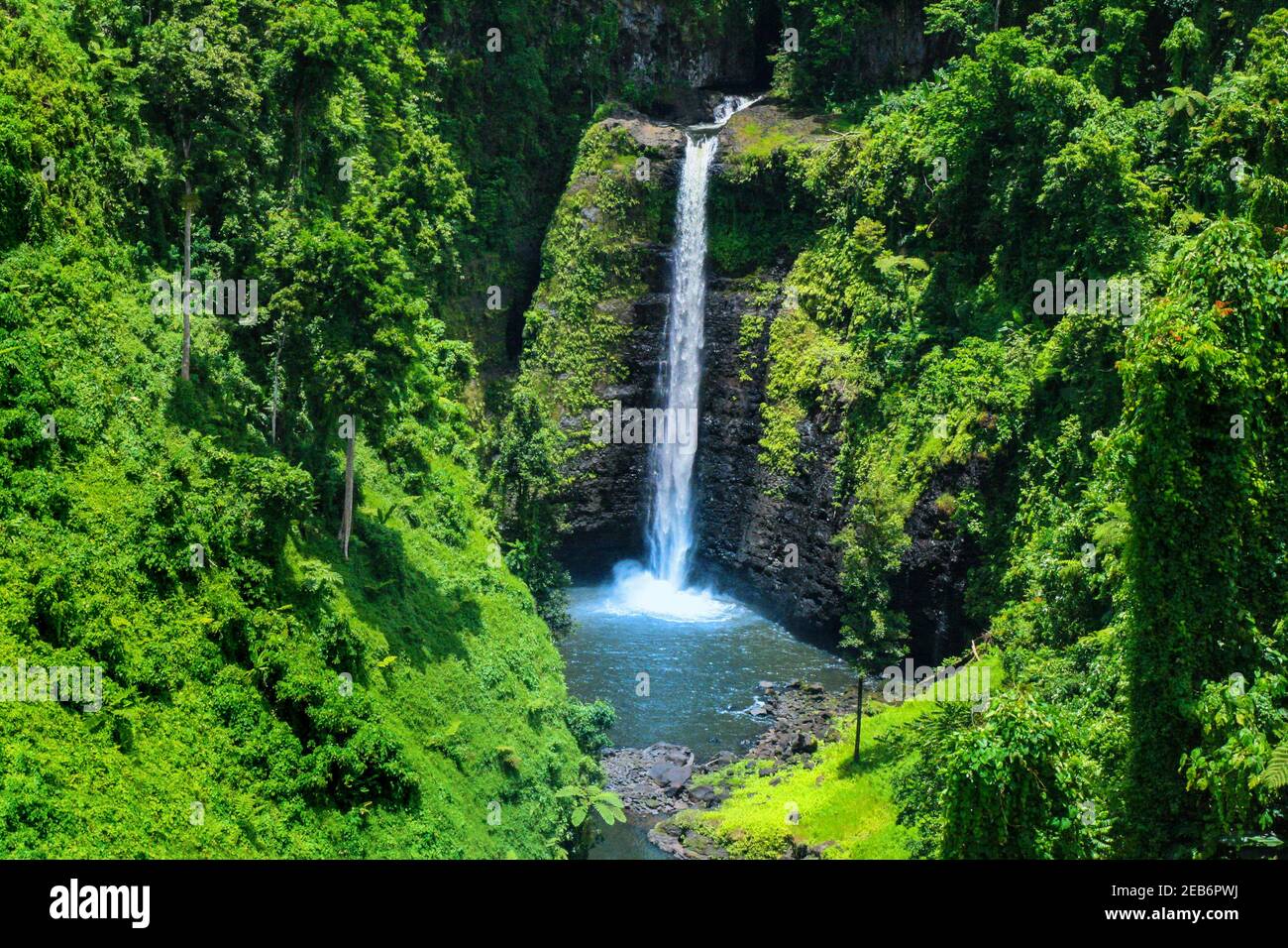 Stunning view of wild jungle waterfall with pristine water, Sopoaga ...