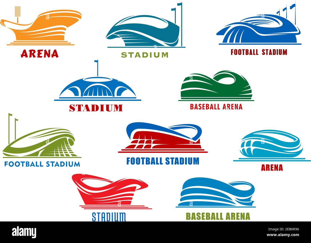 Sport stadiums icons with public buildings of football, soccer ...