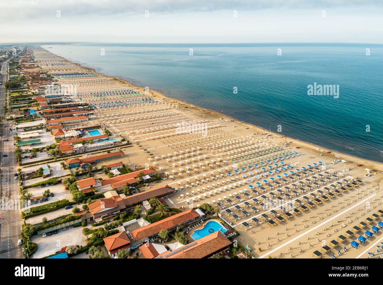Aerial view of the Marina di Pietrasanta beach in the early morning in ...