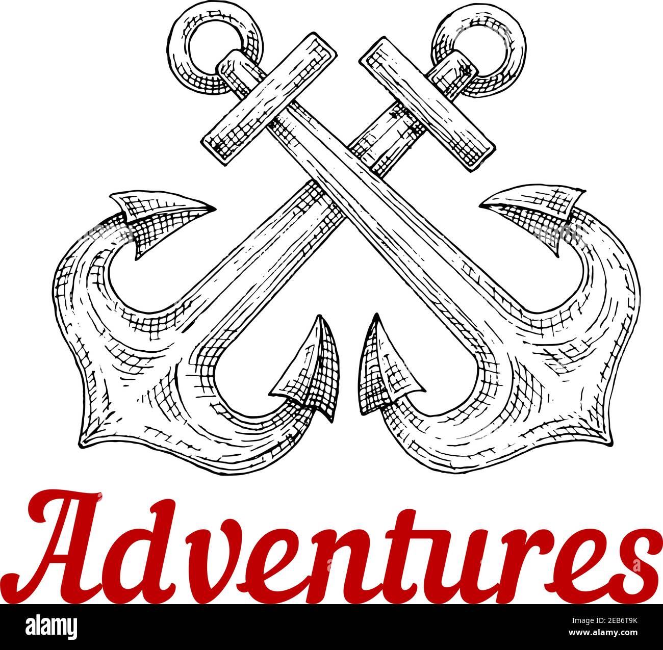 Marine symbol with crossed ship anchors, vector sketch. May be used as ...