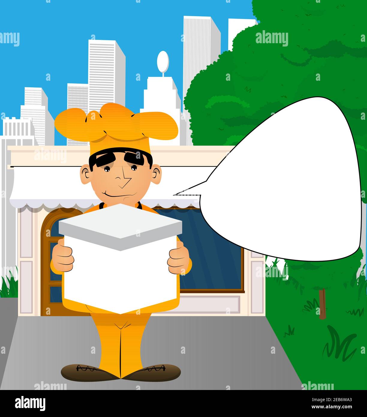 Fat male cartoon chef in uniform holding big white box. Vector ...