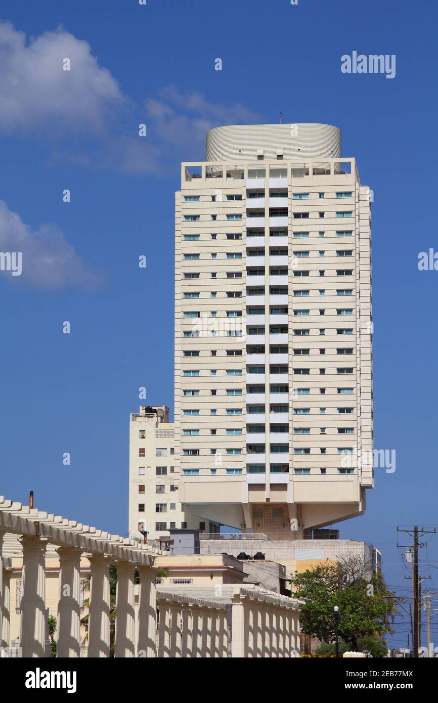 HAVANA, CUBA - FEBRUARY 24, 2011: Unique architecture of Edificio Atlantic modern condominium in ...