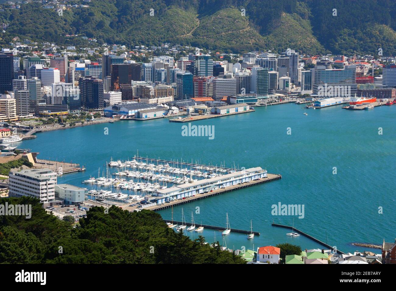 Wellington, New Zealand - city aerial view of marina and downtown ...