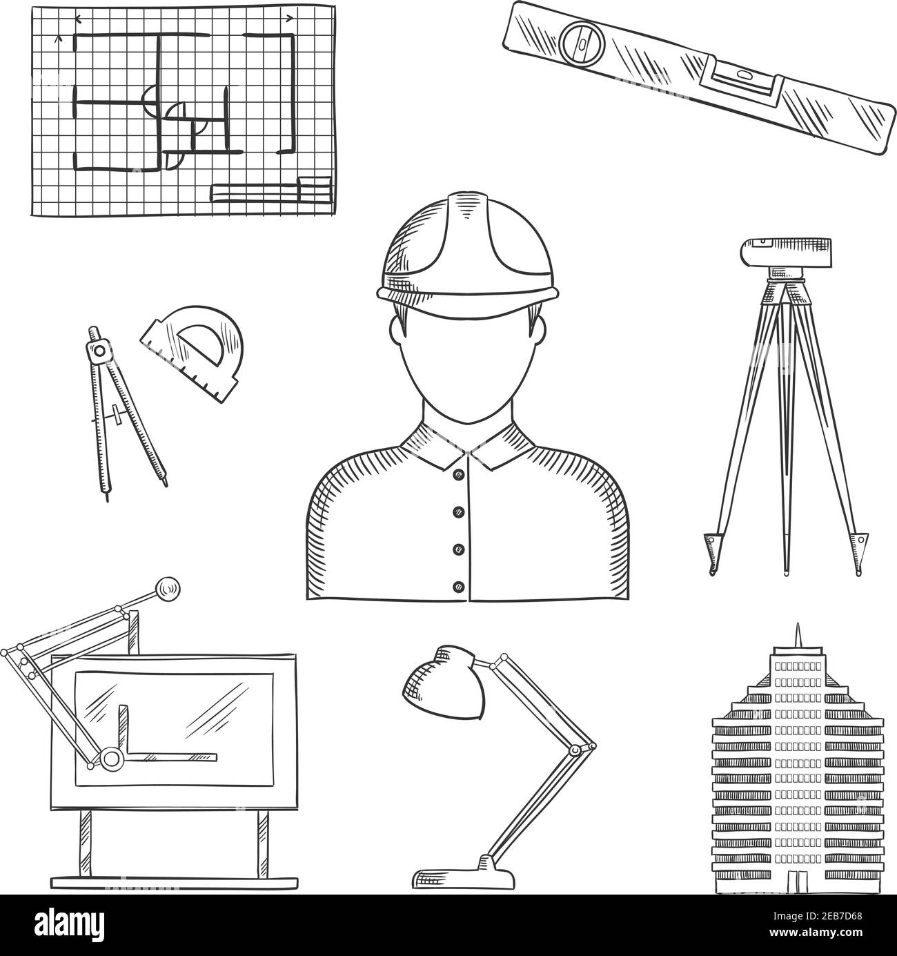 Architect and engineer profession icons with man in helmet, building ...
