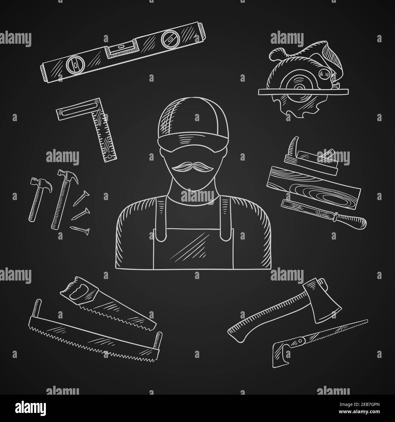 Carpenter and toolbox tools chalk icons with hammer, file, axe, nails ...