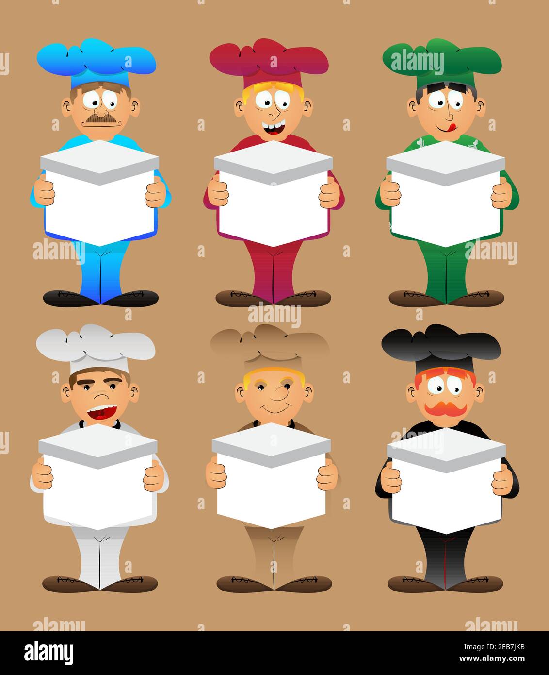 Fat male cartoon chef in uniform holding big white box. Vector ...