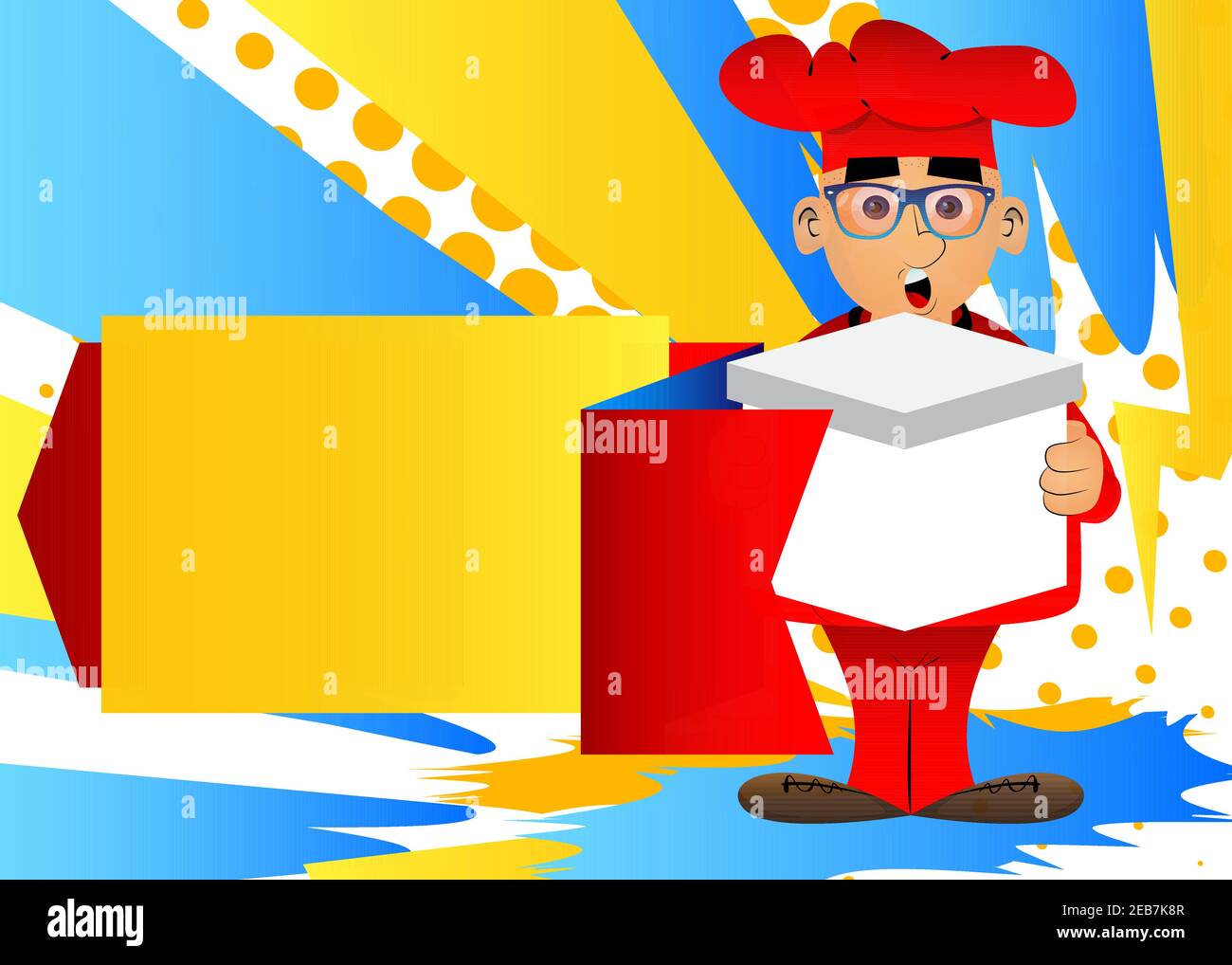 Fat male cartoon chef in uniform holding big white box. Vector ...