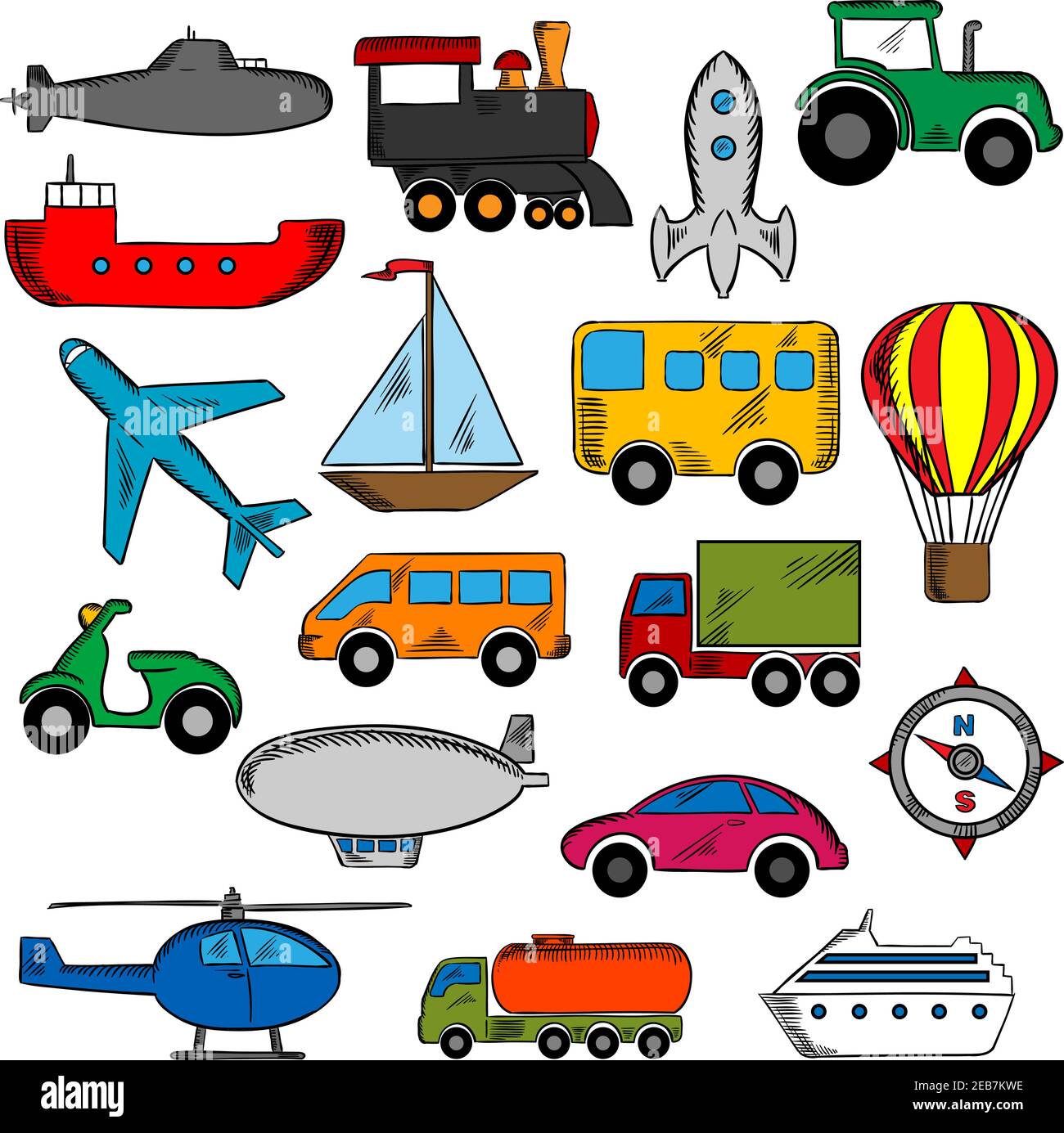 Transportation icons set with silhouettes of cars and buses, train and ...