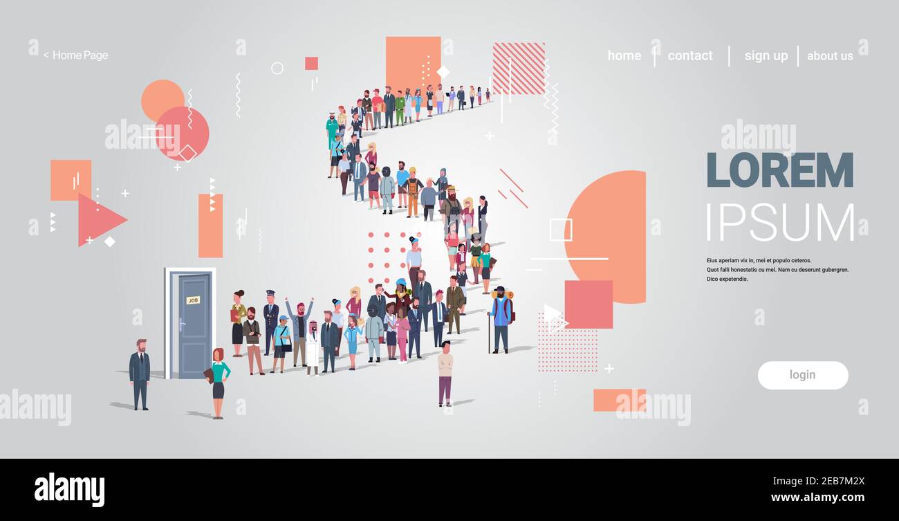 businesspeople candidates standing in line queue to door office hiring ...