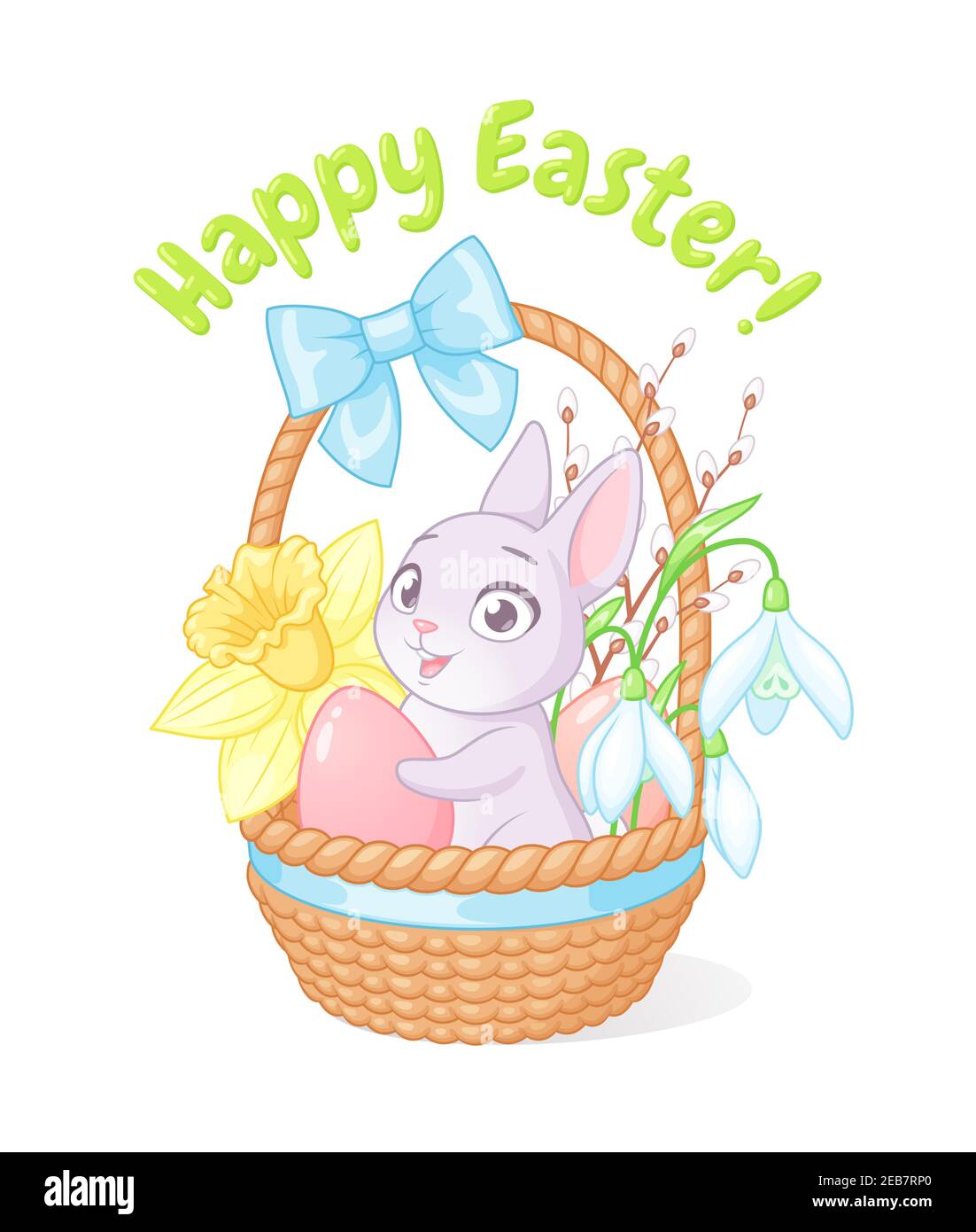 Cute bunny holding egg in basket with spring flowers. Easter greeting ...