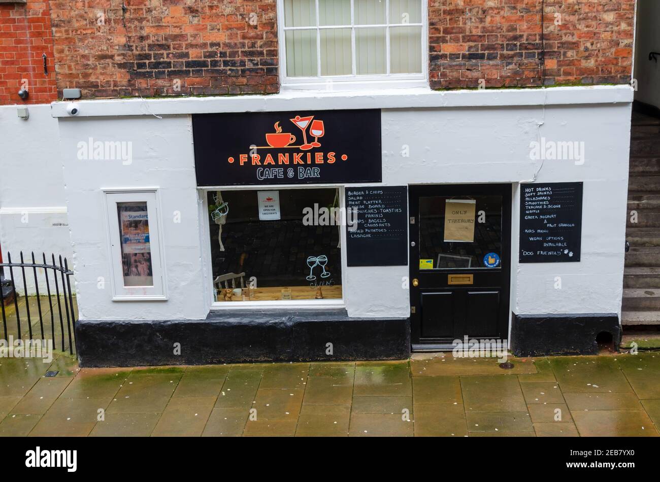 Chester; UK: Jan 29, 2021: Frankies cafe and bar on Watergate Street is ...