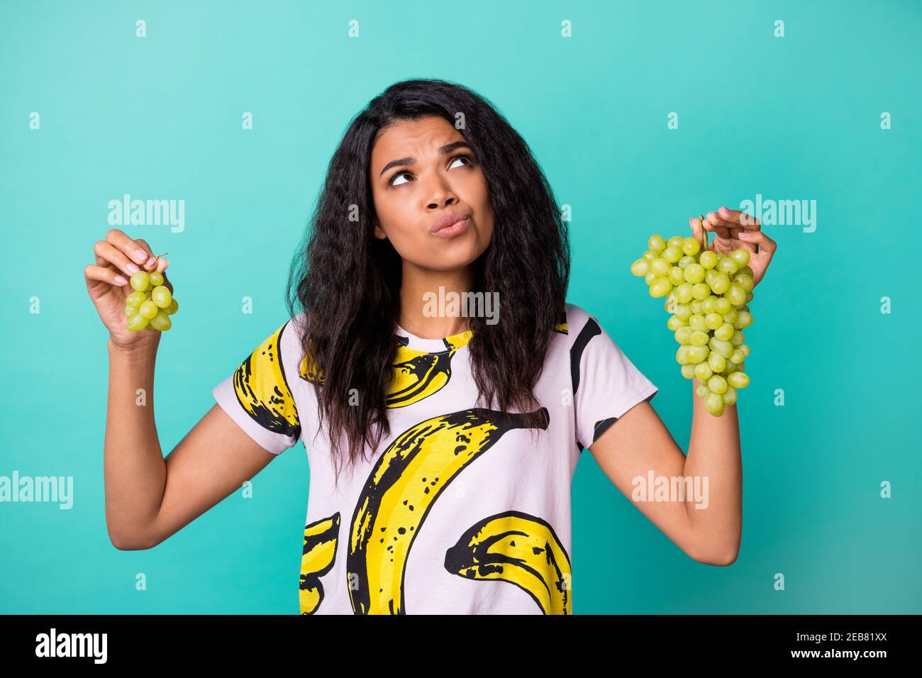 Photo of unsure dark skin girl look empty space hold natural grapevine ...