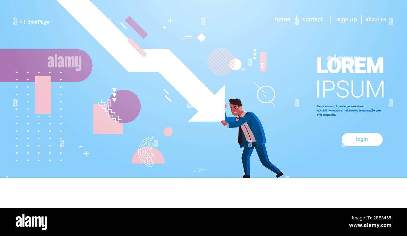 stressed businessman stopping economic arrow falling down financial ...