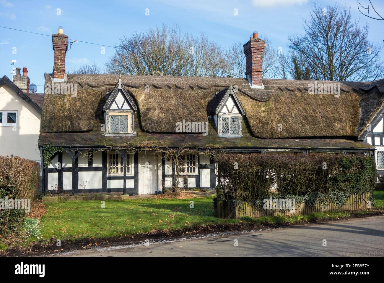 Grade II Listed Building Black and white thatched roofed half timbered ...