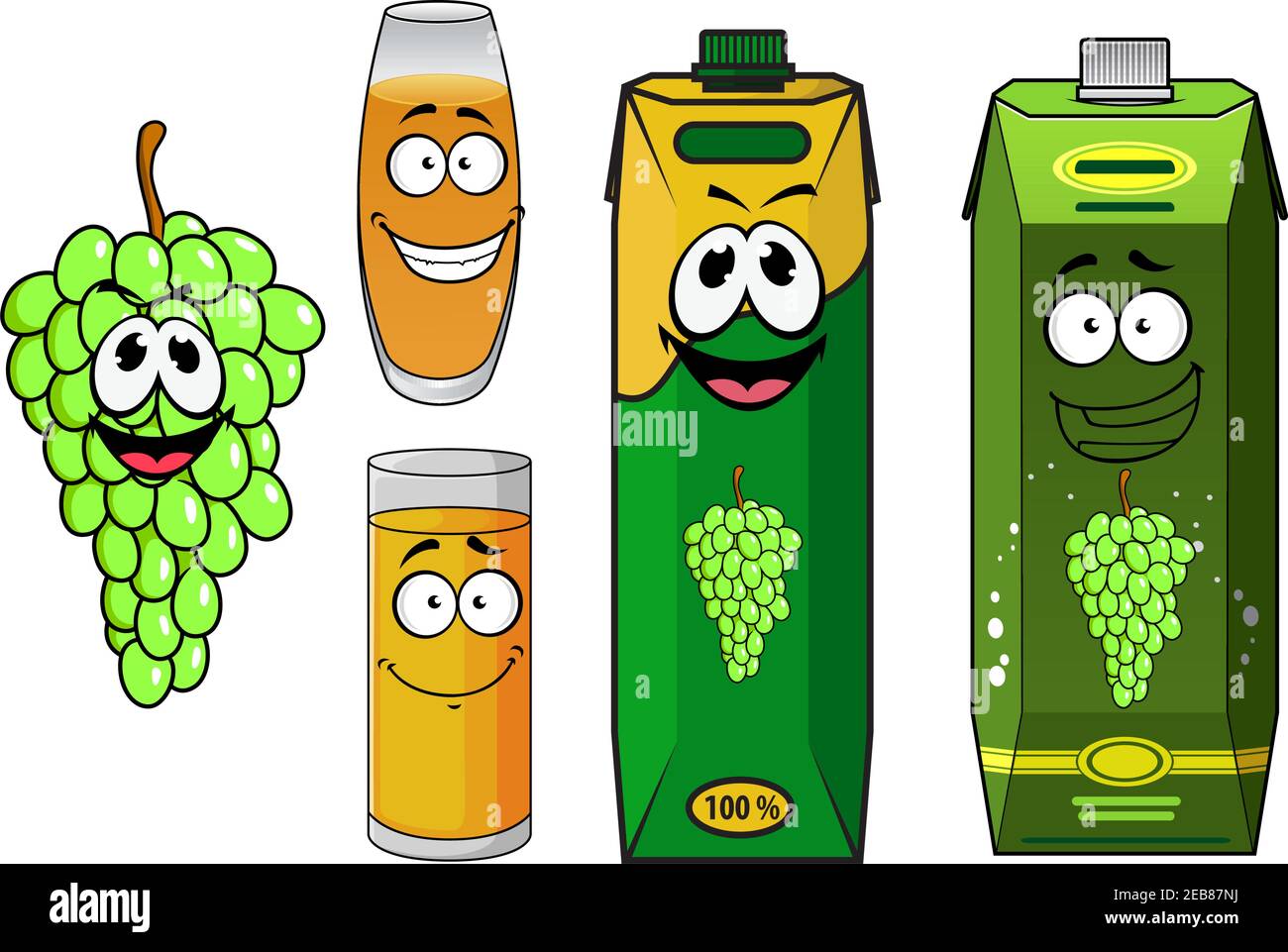 Cartoon sweet grape juice packs characters with funny bunch of green ...