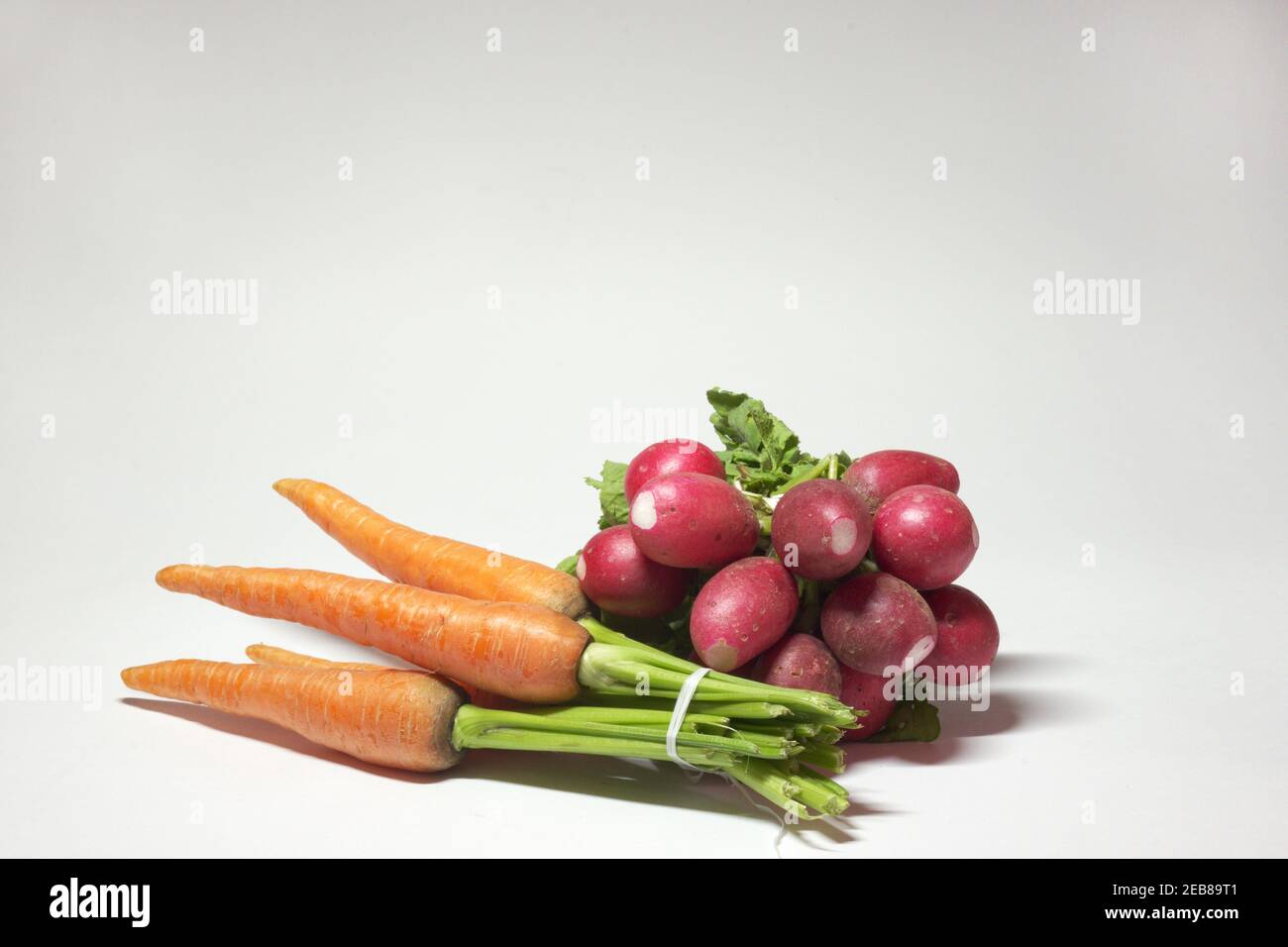 vegetables bunches on white background, fresh small radishes, carrot ...