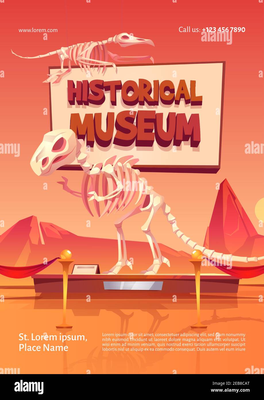 Poster of historical museum with dinosaur skeletons. Vector cartoon ...