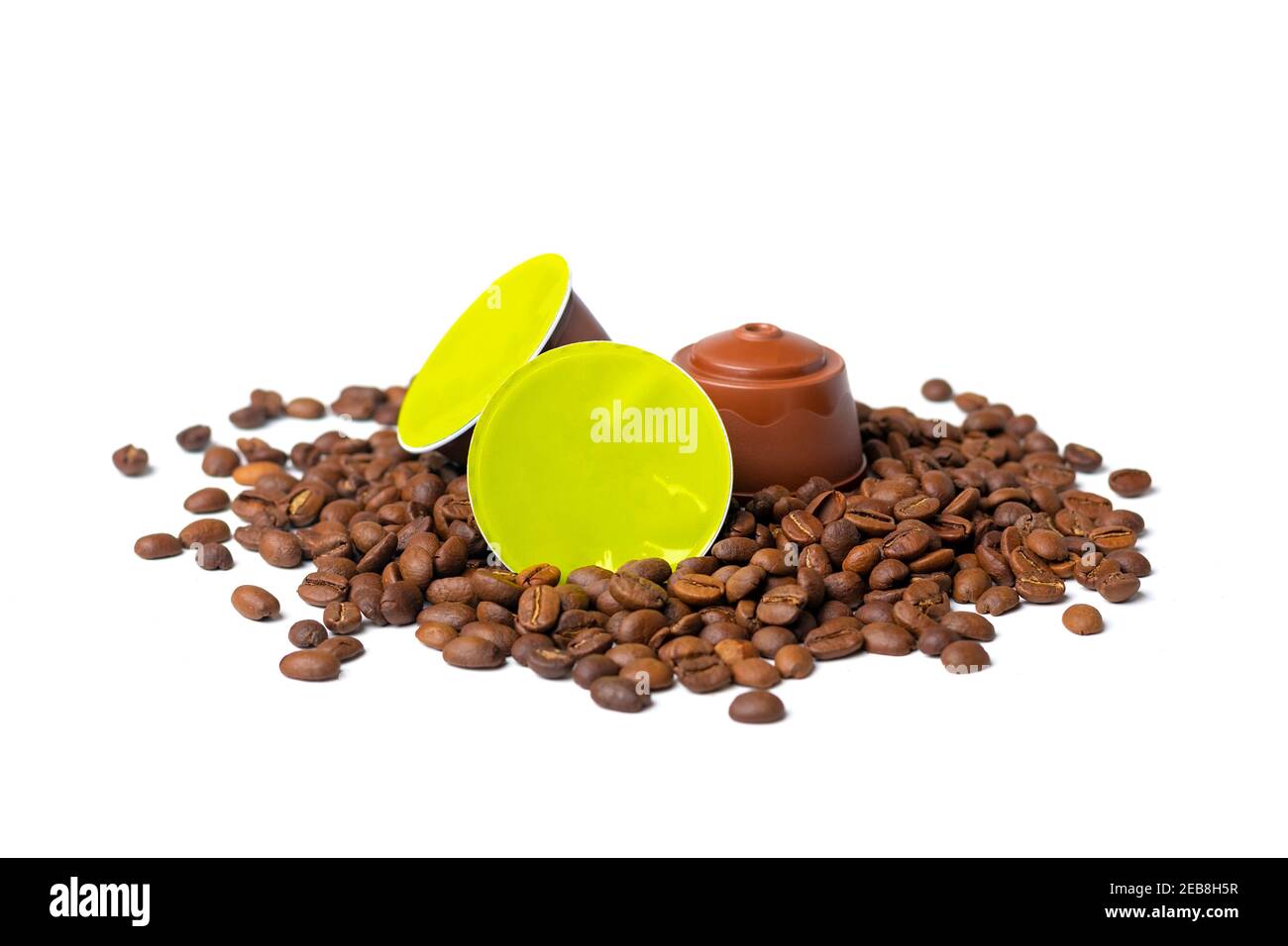 set of coffee capsules, roasted beans isolated on white background Top ...