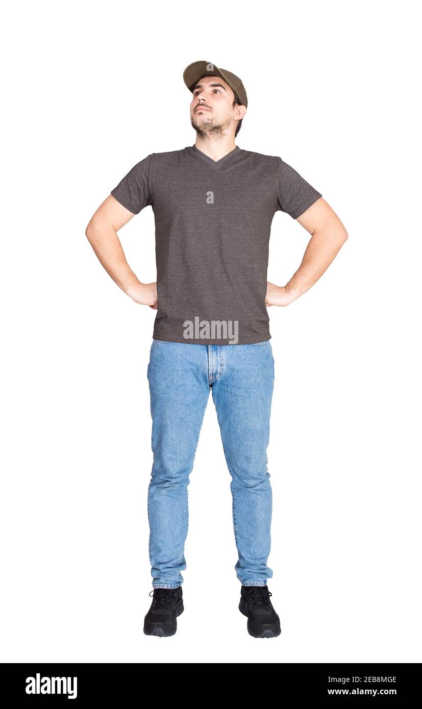 Full length portrait casual young man wearing cap, posing confident ...