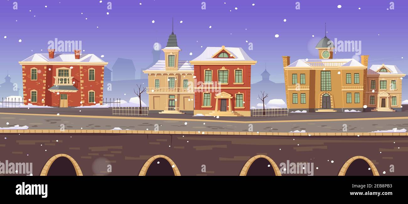 Vintage city winter street with european colonial victorian buildings ...