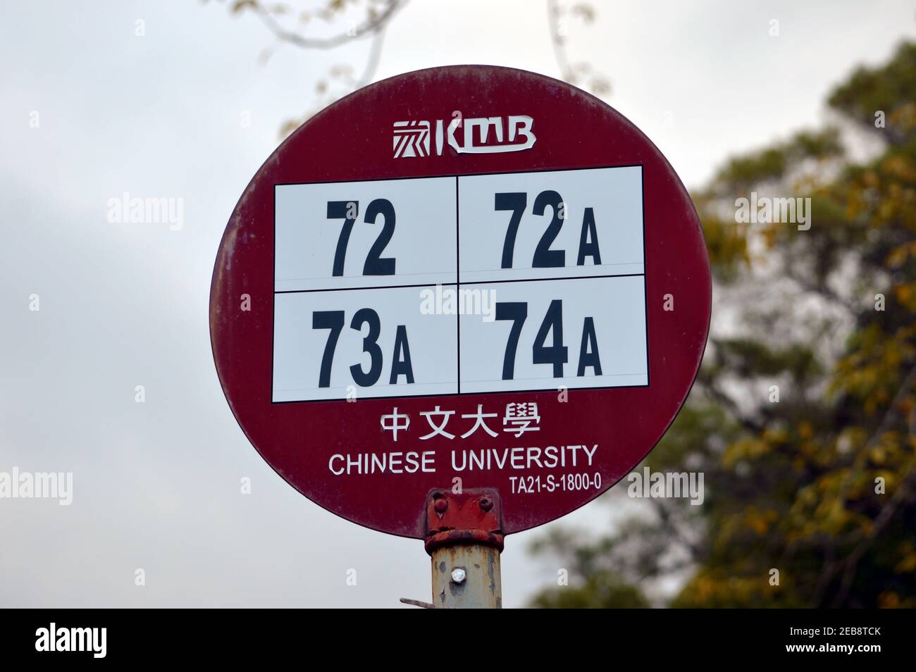 Kowloon Motor Bus (KMB) bus stop sign on Tai Po Road outside Chinese ...