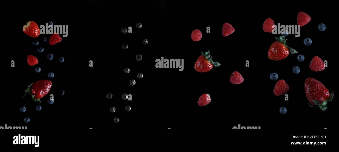 pouring fruit - raspberry, blueberry and strawberry against black ...