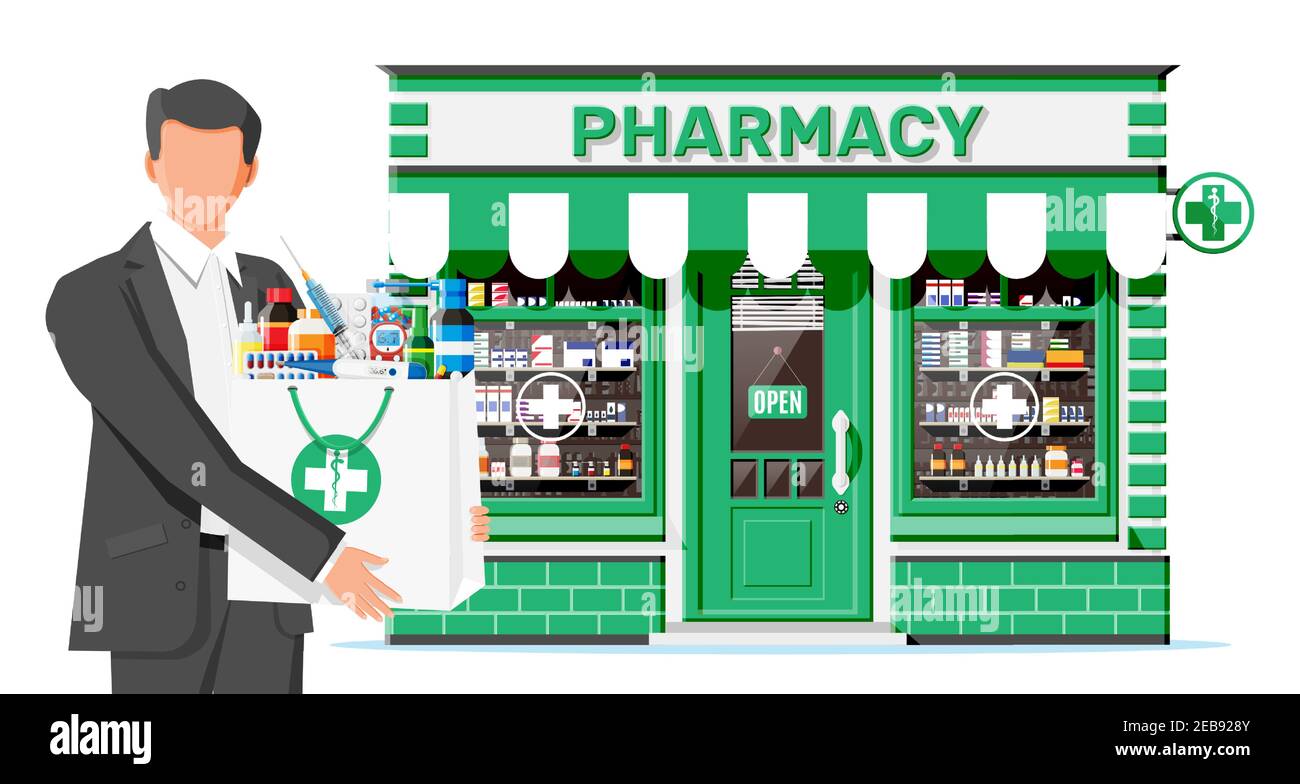 Man holding drugstore bag in front of pharmacy shop. Set of bottles ...