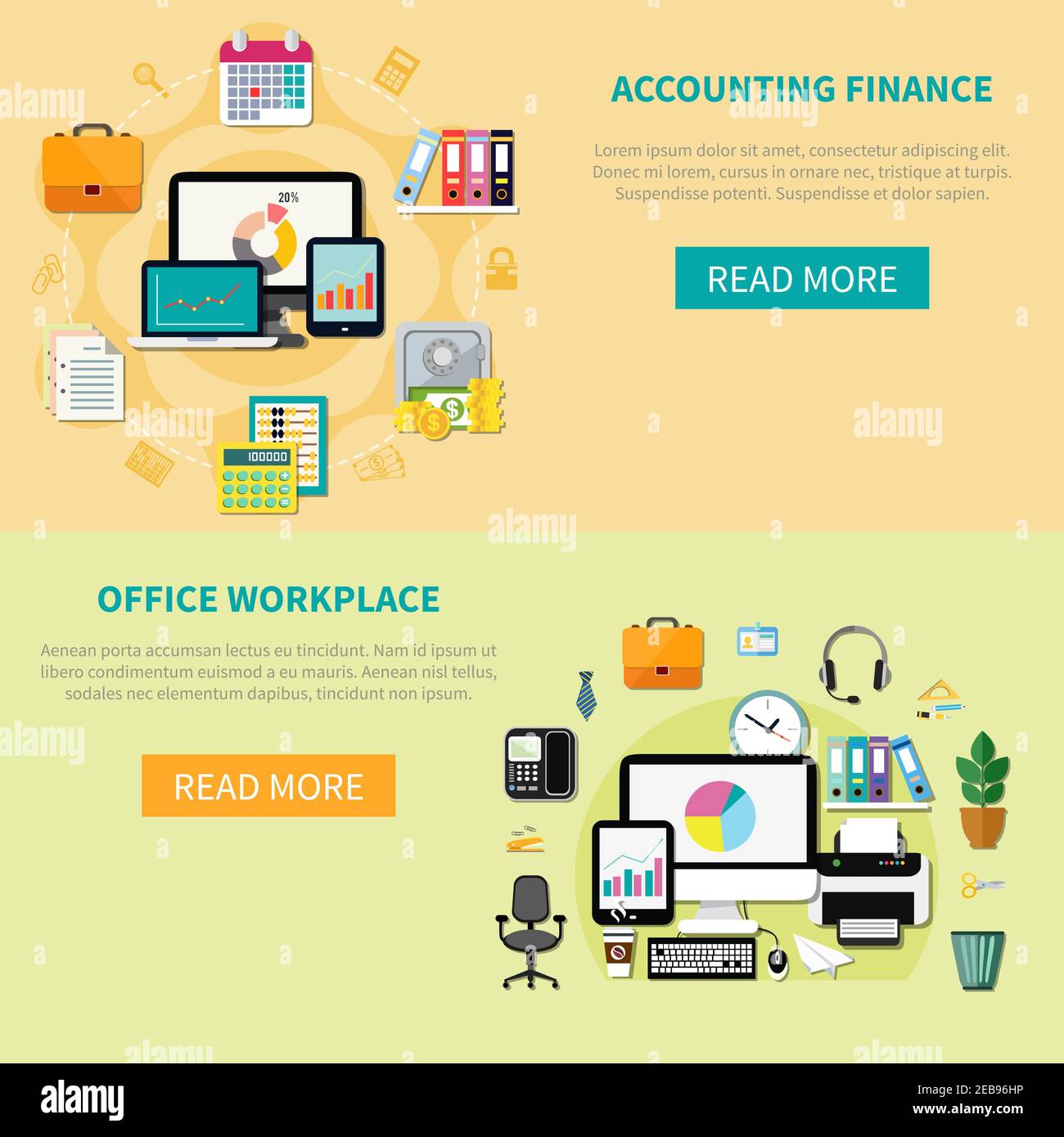 Two horizontal banners with accounting finance and office workplace ...