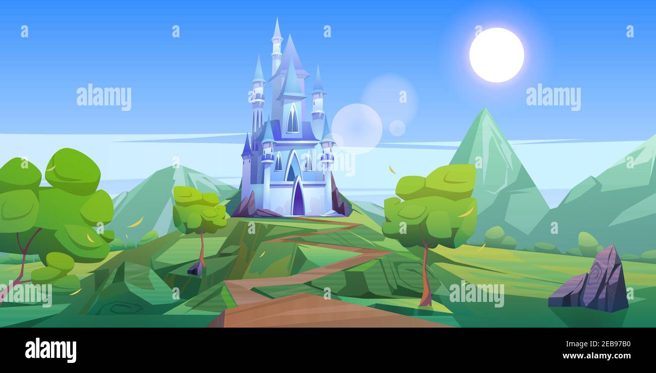 Fairy tale castle in mountains. Vector cartoon landscape of fairytale ...