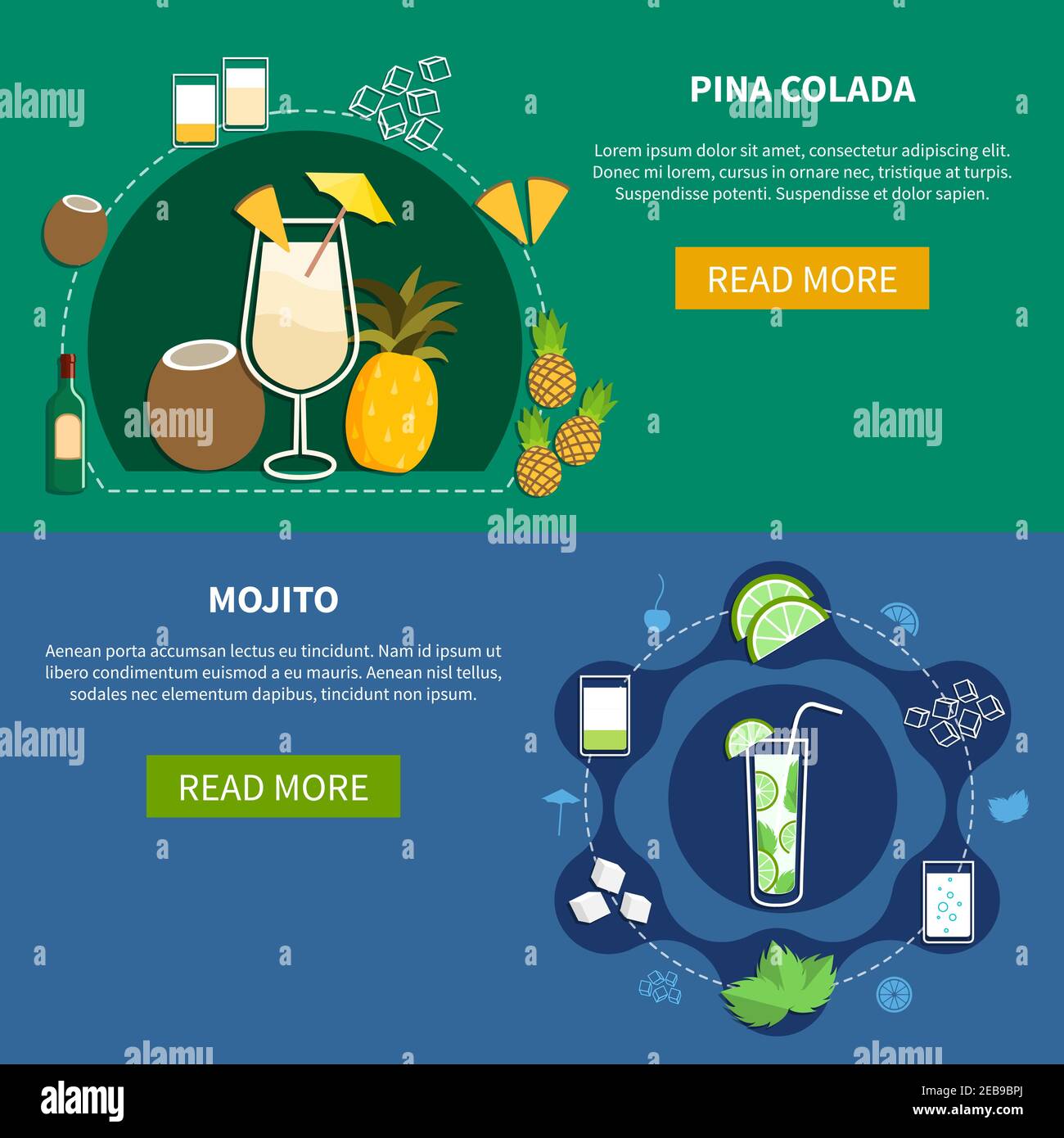 Cocktail horizontal banners with colorful icons of alcoholic drinks ...