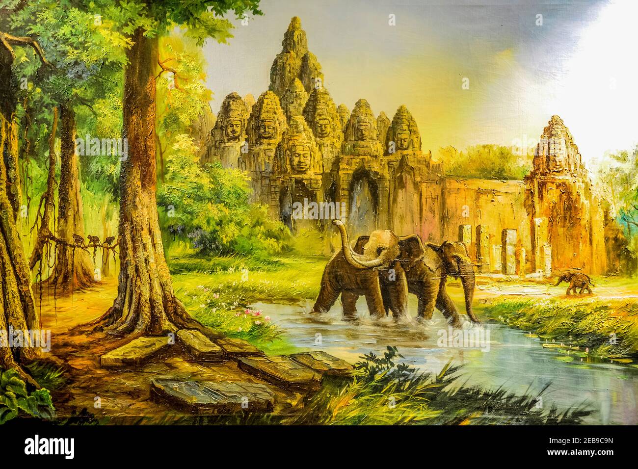 Angkor thom with elephant painting Stock Photo - Alamy