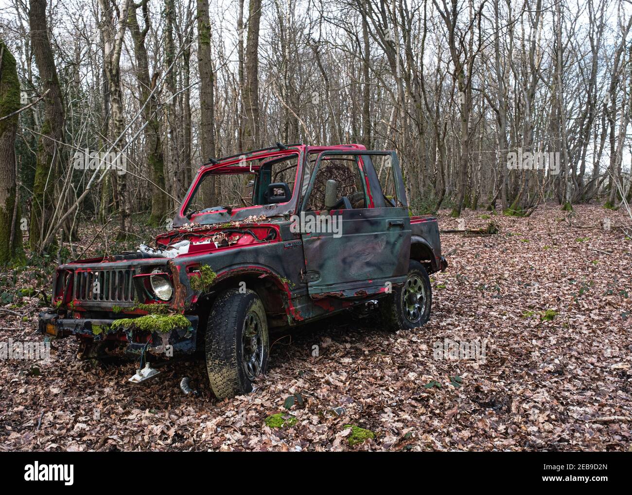 An artistic view of a abandoned, dumped, wrecked SUV, 4x4 vehicle in ...