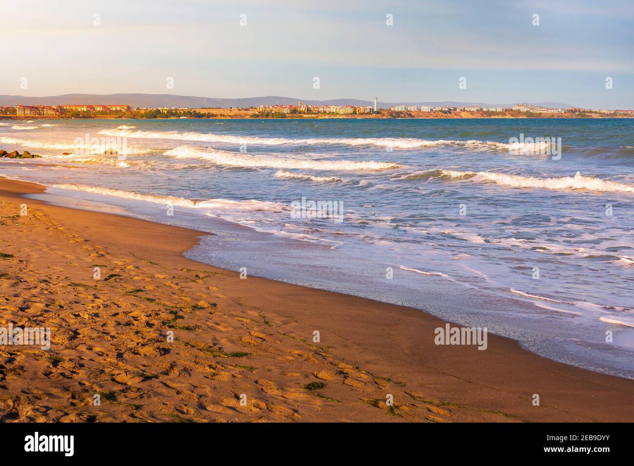 Sunset on sandy beach on the spit between Pomorie and Aheloy, Bulgaria ...
