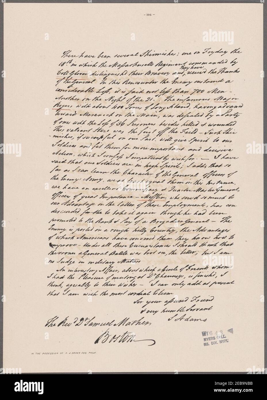 Adams, Samuel. Philadelphia. To Rev. Dr. Samuel Mather Stock Photo - Alamy