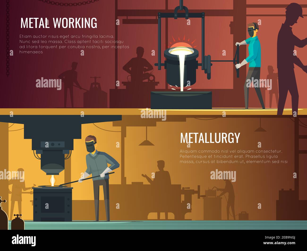 Industrial metalworking 2 Flat retro horizontal banners with melting ...