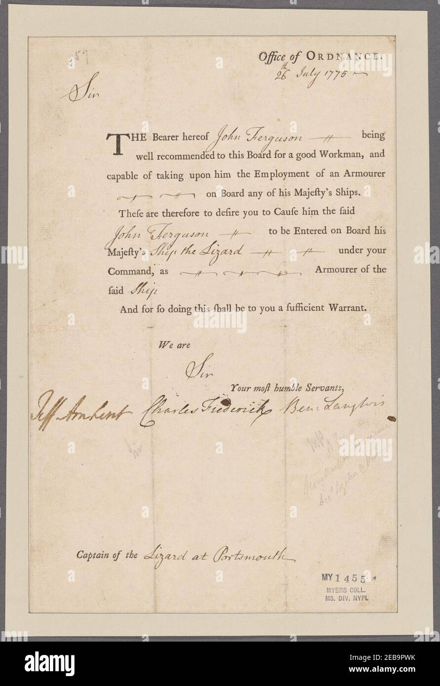 Amherst, Jeffrey. Office of Ordnance. To Captain of the Lizard Stock ...