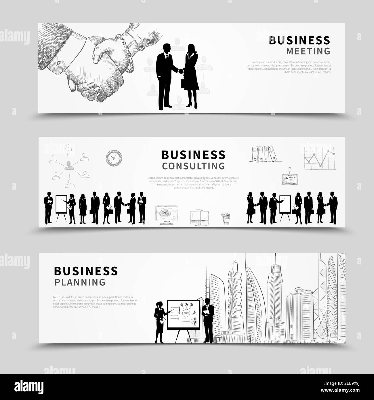 Business people horizontal banner set with meeting planning and ...