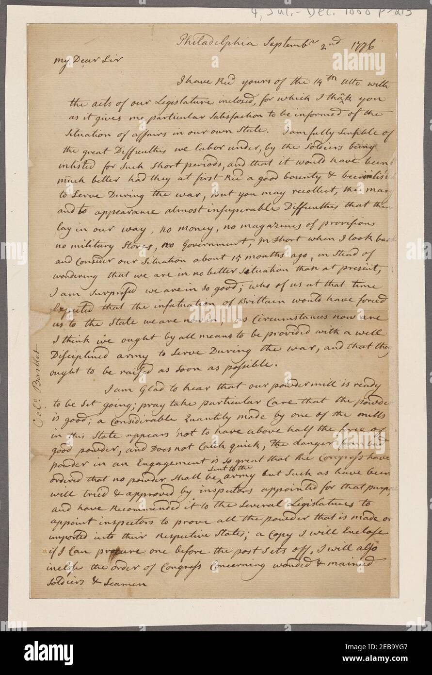 Bartlett, Josiah. Philadelphia. To General Nathaniel Folsom Stock Photo ...