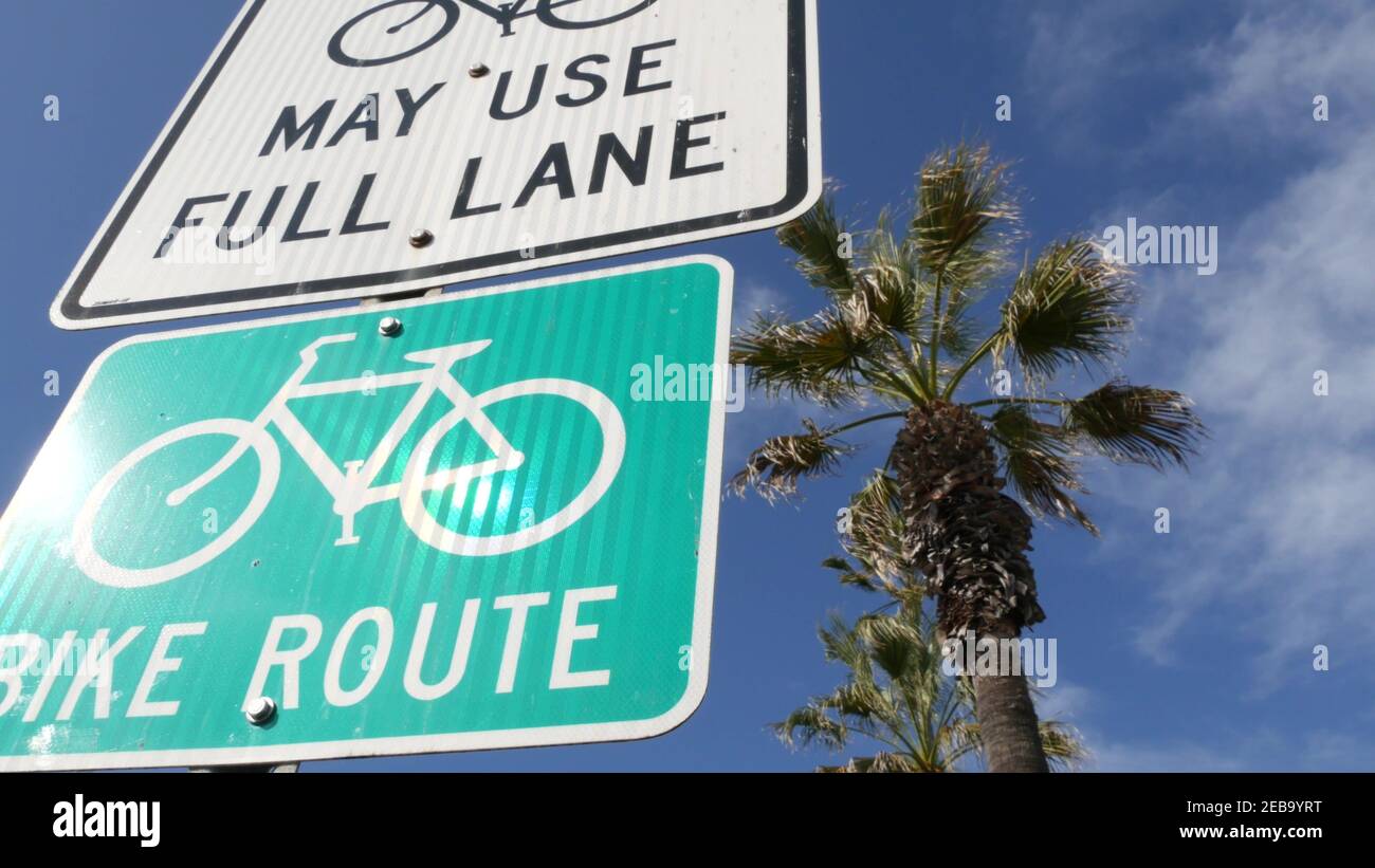 Bike Route green road sign in California, USA. Bicycle lane singpost ...