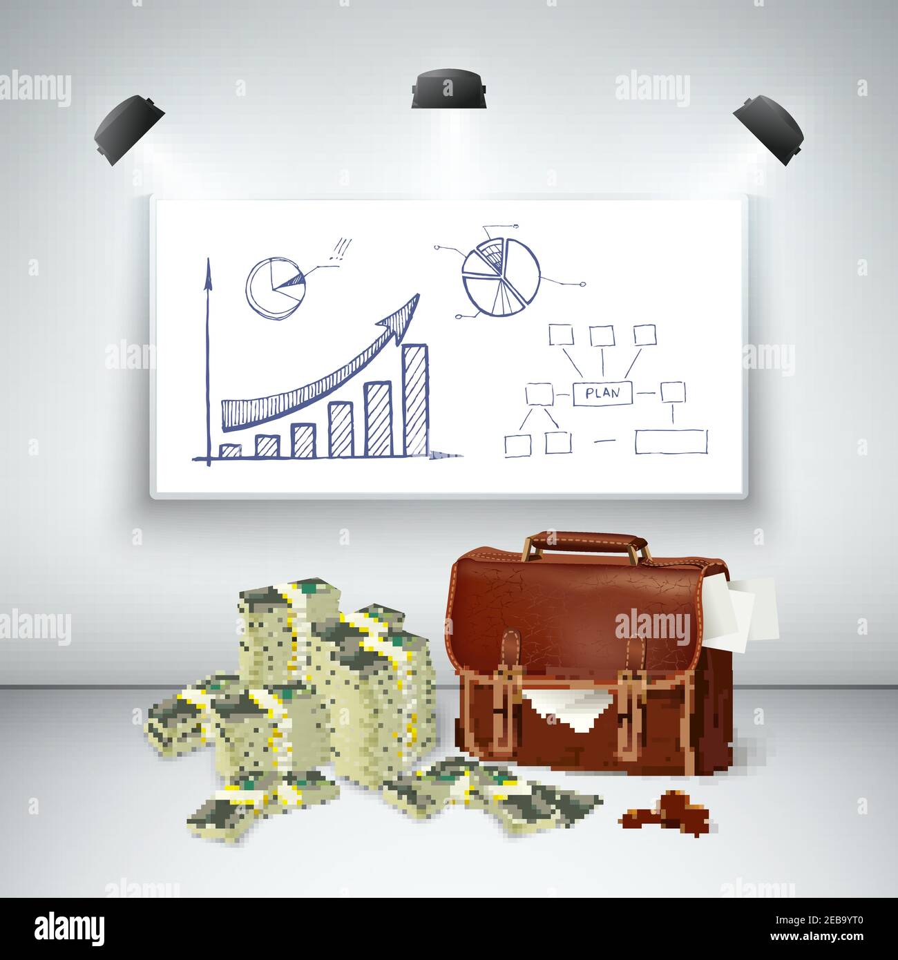 Realistic business financial template with leather briefcase money cash ...