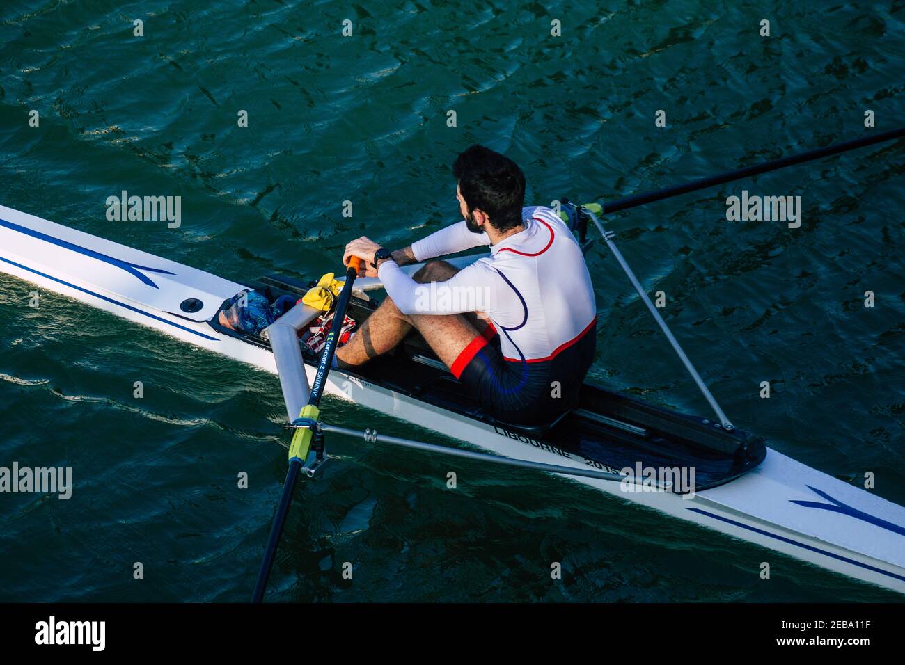 Reims France February 12, 2021 Unidentified people rowing on the Reims ...