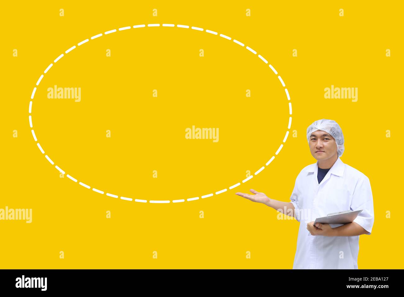 Quality control man and empty geometric shape on yellow background ...