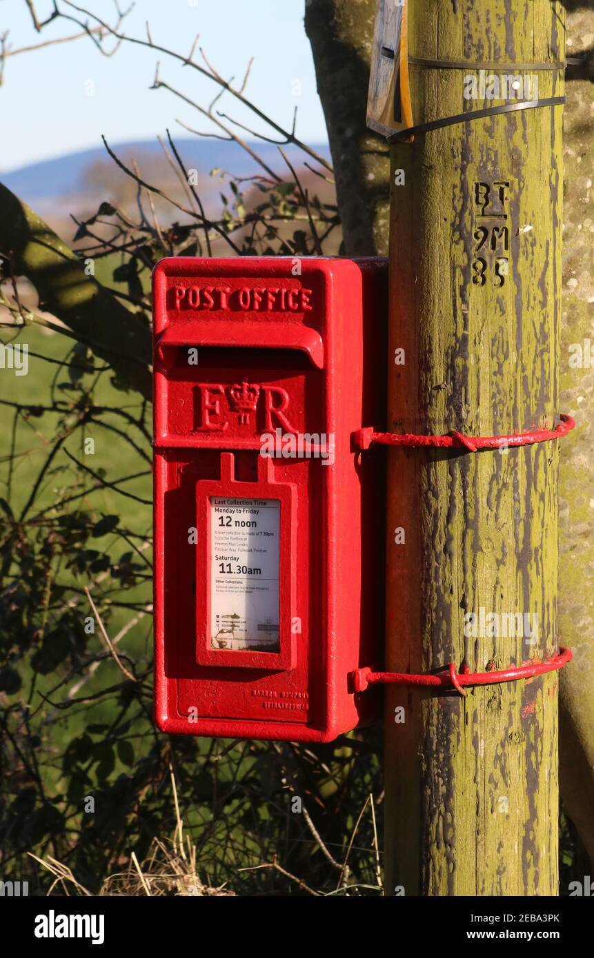 Royal Mail red postbox on wooden telegraph post at roadside in ...
