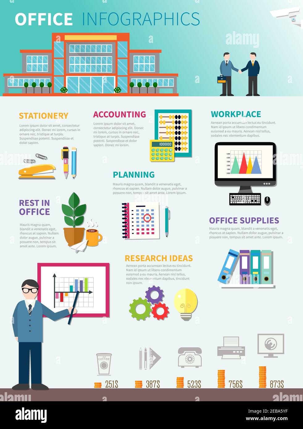 Office Infographics flat template with advertising of goods for work ...