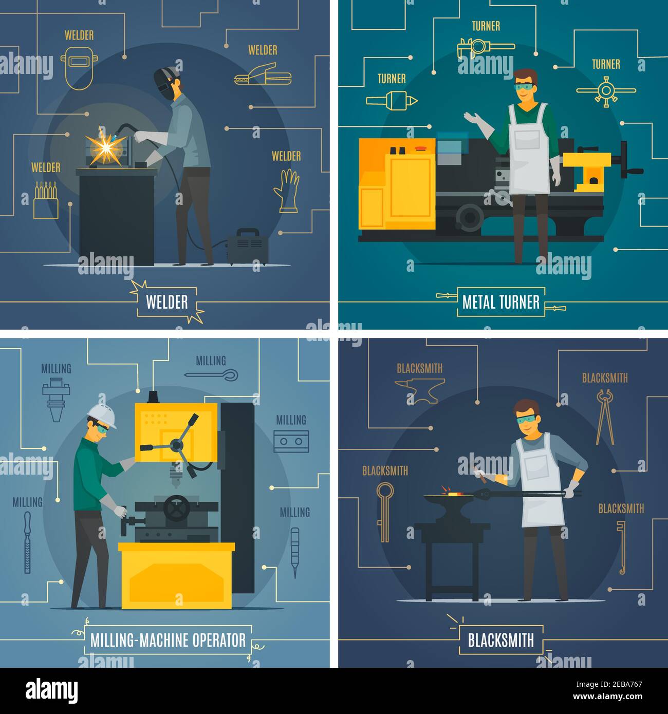 Blacksmith metalworking 4 flat icons square composition with ...