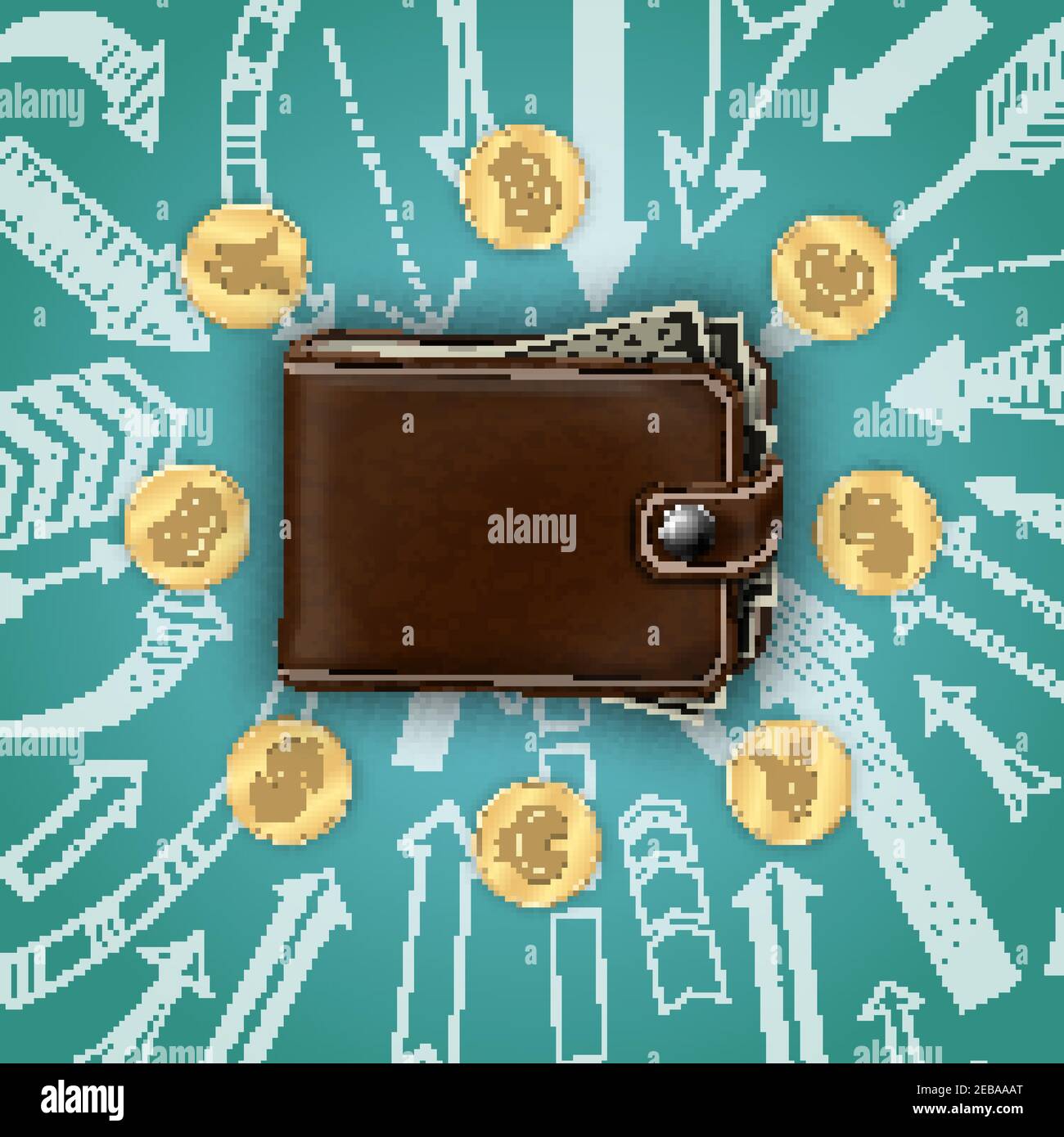 Realistic money template with closed leather wallet cash coins and hand ...