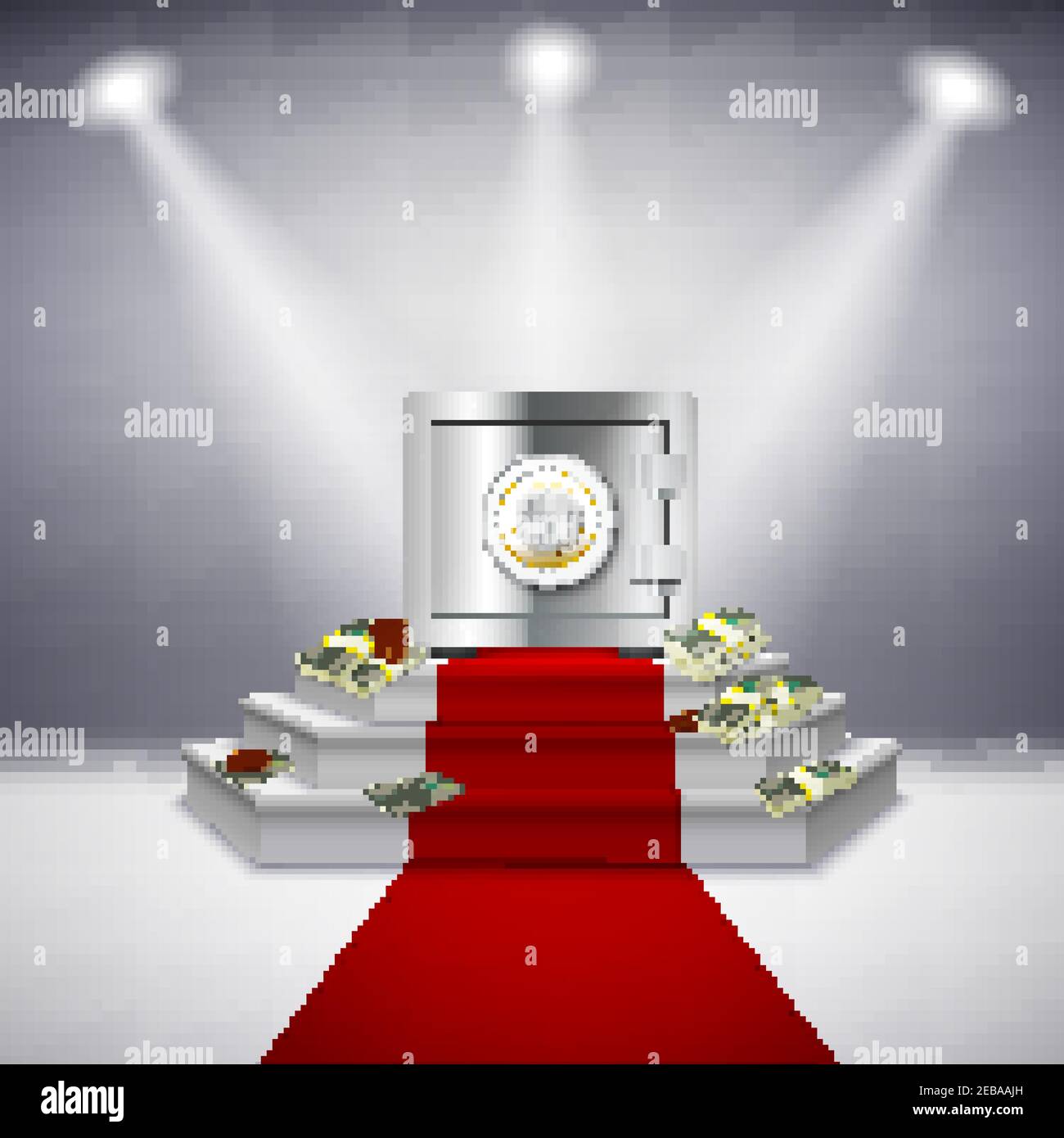 Realistic money performance with steel safe dollar banknotes on festive ...