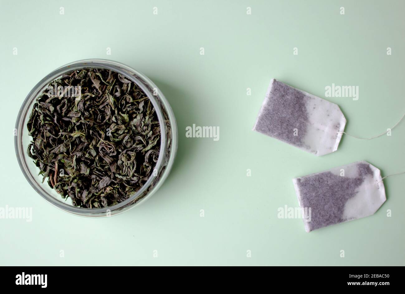 Leaves green tea and bags tea near on green Background. Minimalist Flat ...