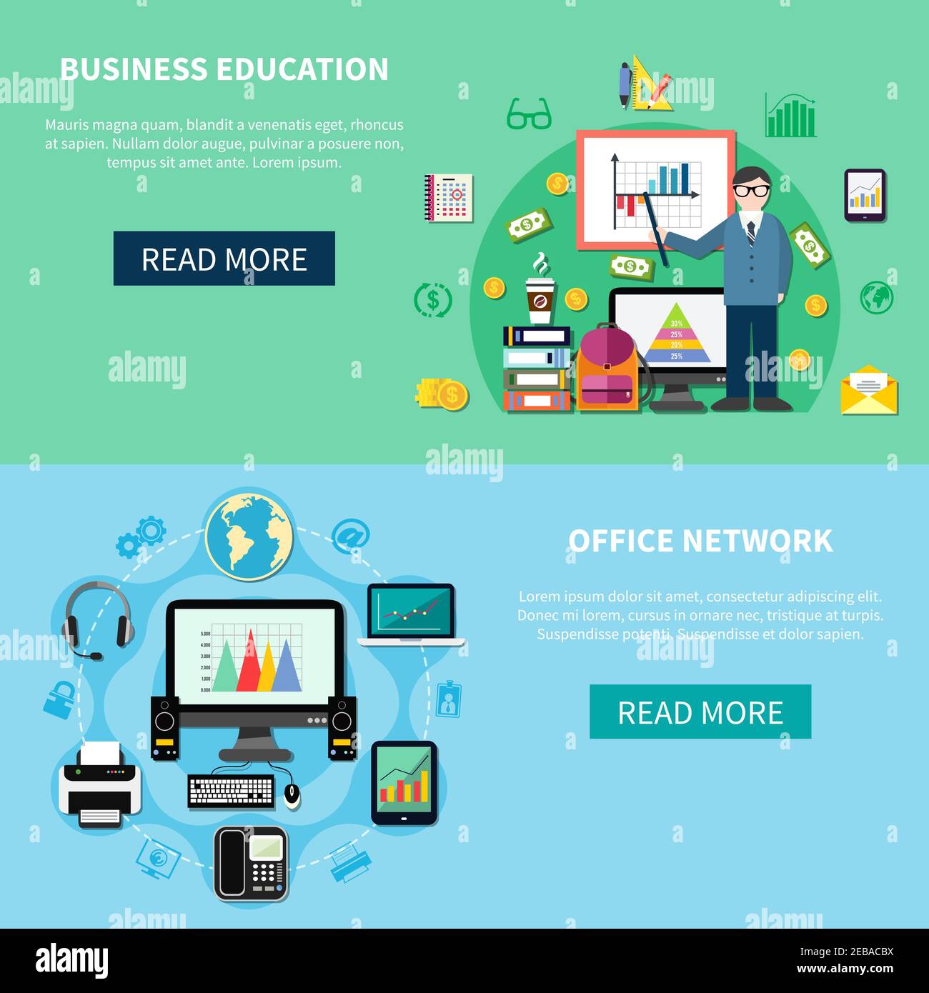 Two horizontal banners with office network and business education ...